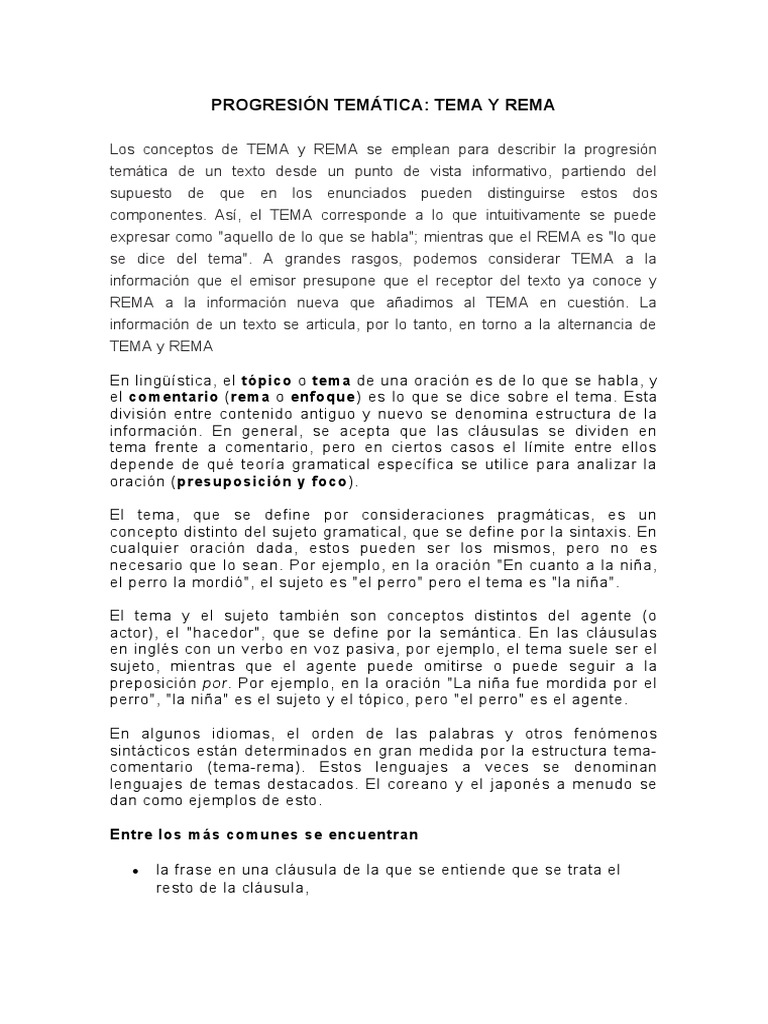 Tema - Rema | PDF | Oración (Lingüística) | Asunto (gramática)