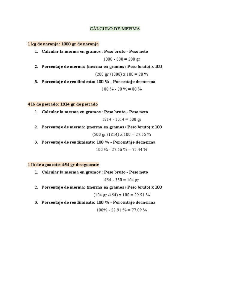 Cálculo de Merma y Rendimiento | PDF