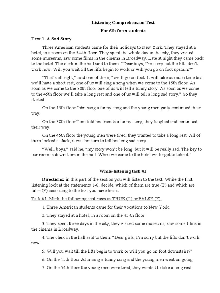Listening Comprehension Test For 6th Form Students Text 1. A Sad Story ...