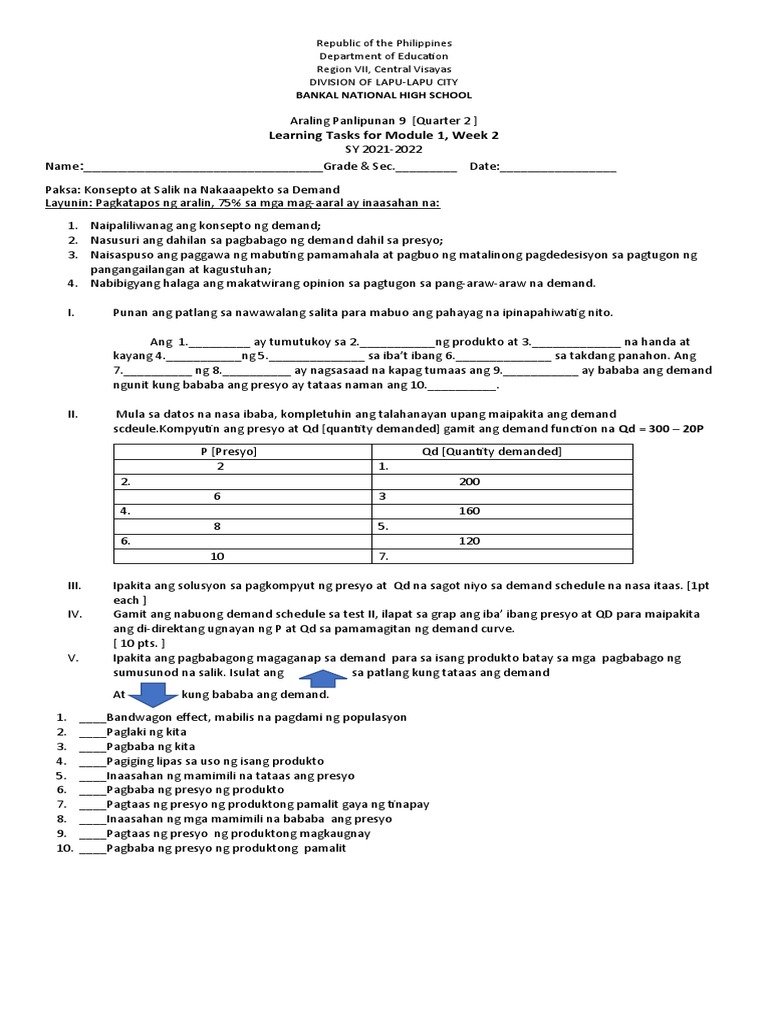 Learning Tasks For Module 1, Week 2: Bankal National High School | PDF