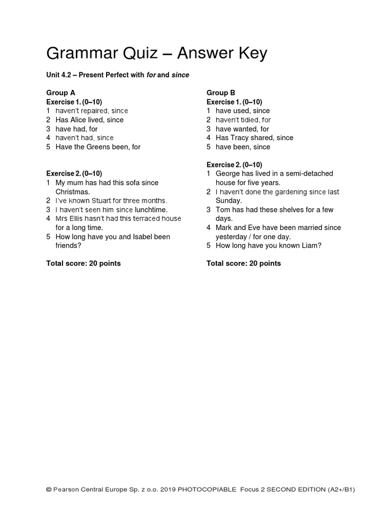 Focus - 2 - 2ed - Grammar - Quiz - Unit 4.2 - GroupA - B - ANSWERS | PDF