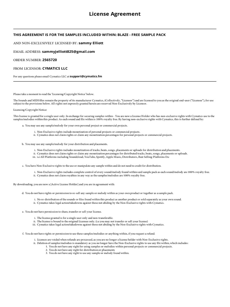 License - Agreement - 1670958502293 (Blaze - Free Sample Pack) | PDF ...
