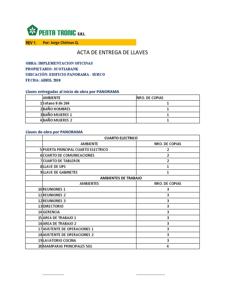 Acta de Entrega de Llaves | PDF