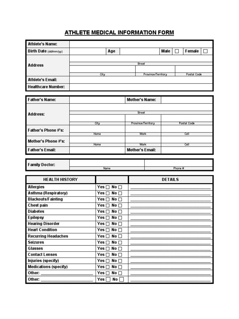 Athlete Medical Information Form | PDF | Epidemiology | Clinical Medicine