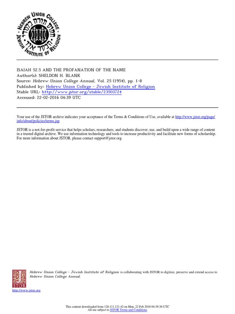 Sheldon H. Blank - Isaiah 52.5 and The Profanation of The Name - 1954 ...