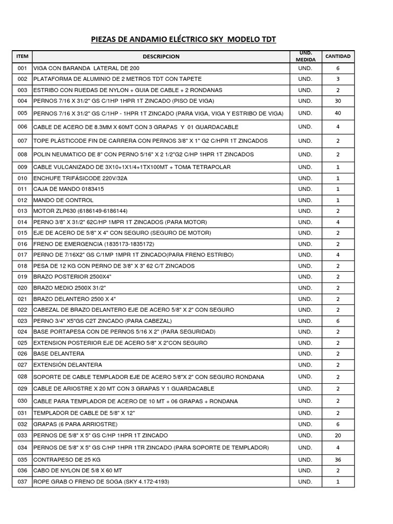Piezas de Andamio Sky - Modelo TDT | PDF