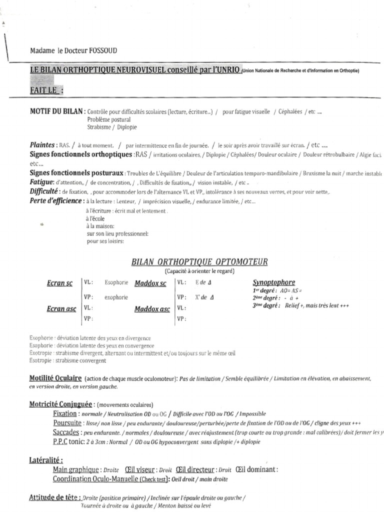 Bilan Orthoptie Complet | PDF