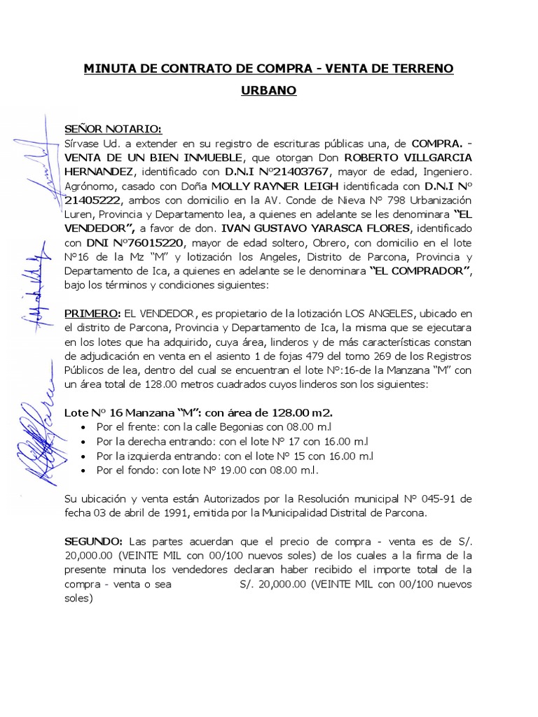 Minuta de Contrato de Compra - Venta de Terreno Urbano | PDF | Propiedad | Ley común