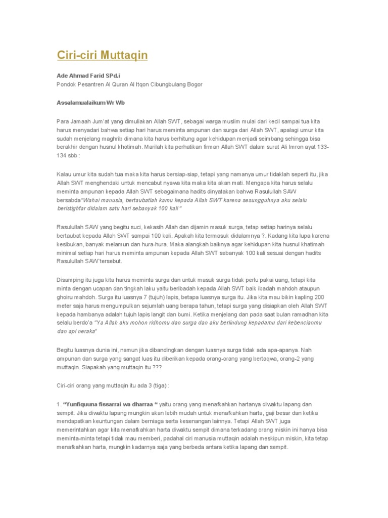 Ciri-Ciri Muttaqin | PDF