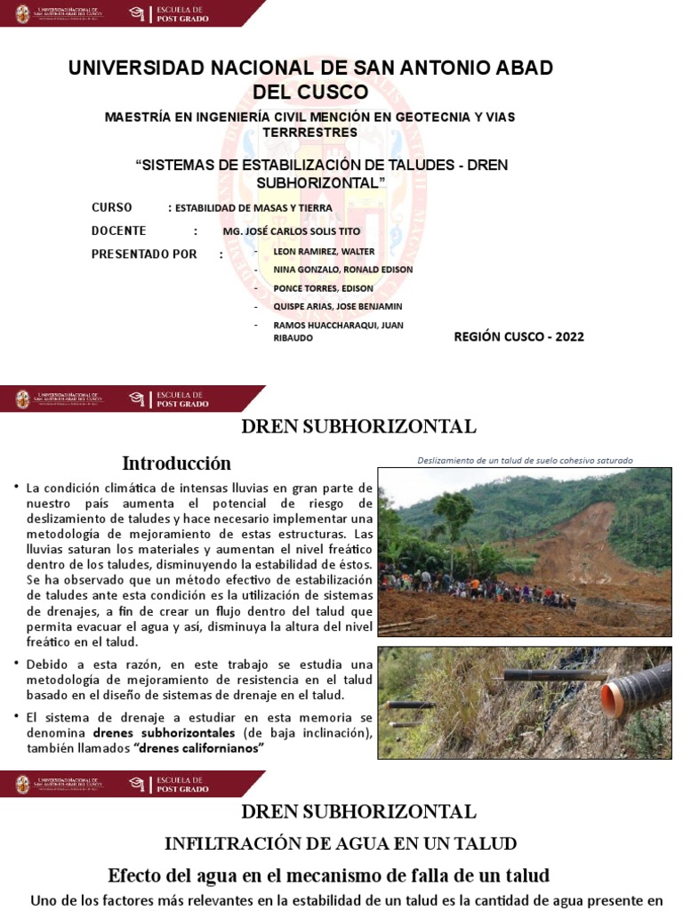 Presentación Dren Subhorizontal GRUPO | PDF | Tubería (transporte de fluidos) | Perforación