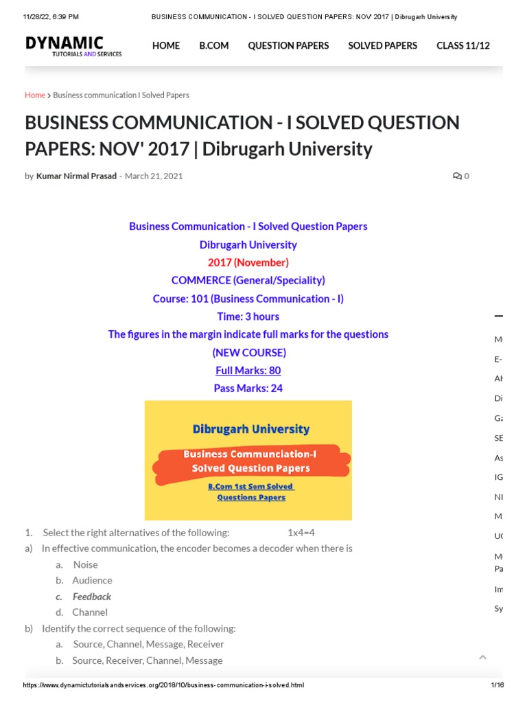 BUSINESS COMMUNICATION - I SOLVED QUESTION PAPERS - NOV' 2017 - Dibrugarh University | PDF ...