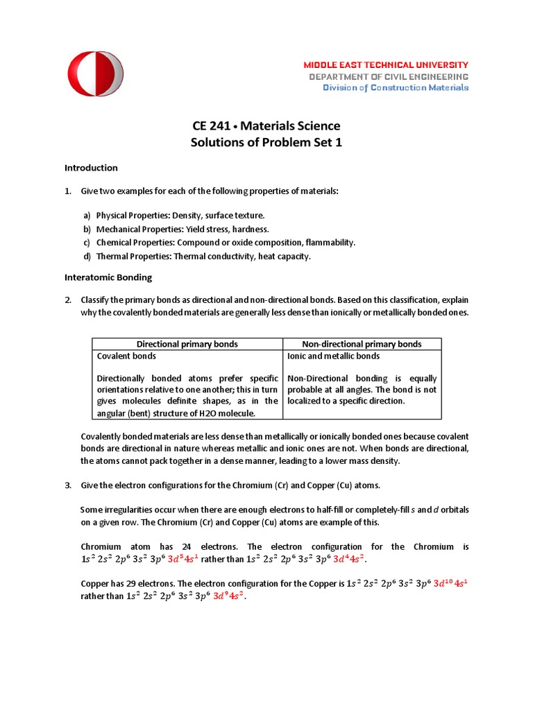 Solutions of Problem Set 1 | PDF | Chemical Bond | Crystal Structure