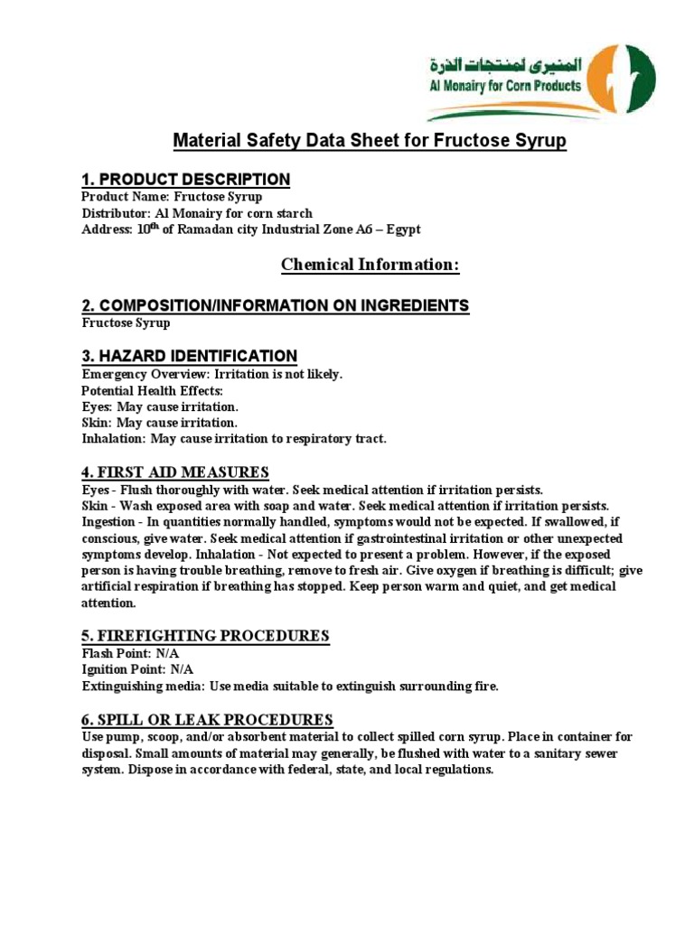 Fructose - MSDS | PDF | Breathing | Water