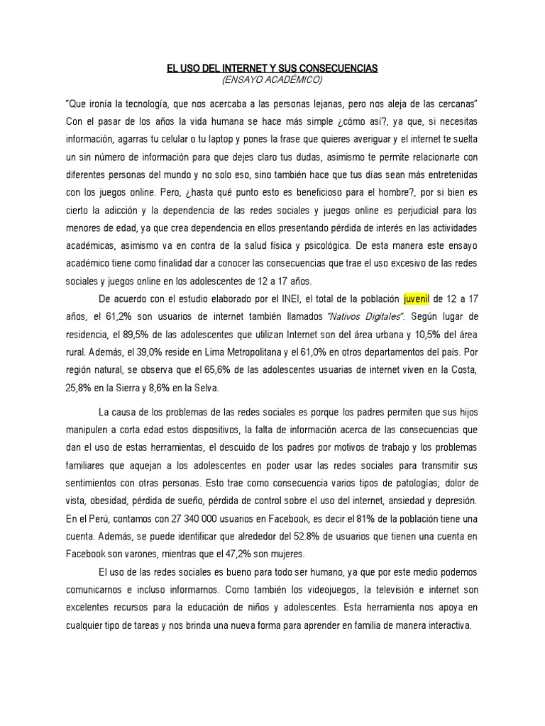 El Uso Del Internet y Sus Consecuencias | PDF | Servicio de redes sociales | Adolescencia