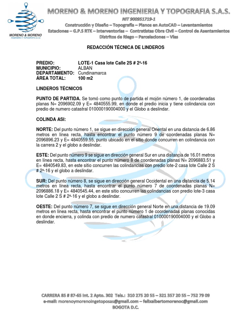 Descripción Tecnica de Linderos Lote.1 | PDF