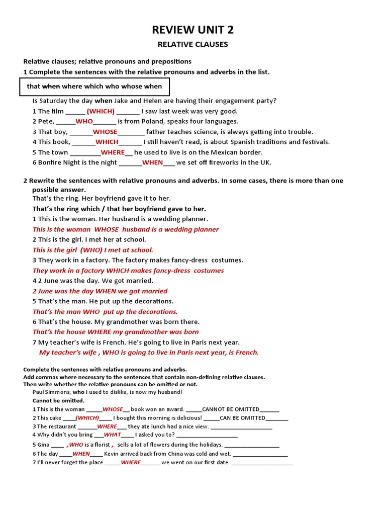 2-Review Unit 2-Relative Clauses-Answers | PDF