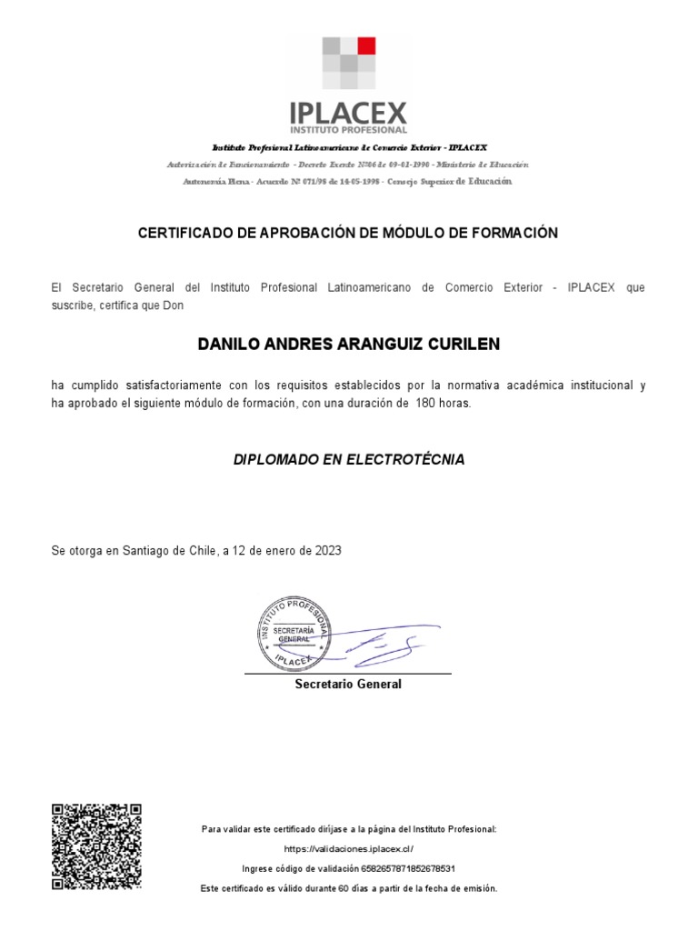 Danilo Andres Aranguiz Curilen: Certificado de Aprobación de Módulo de Formación | PDF