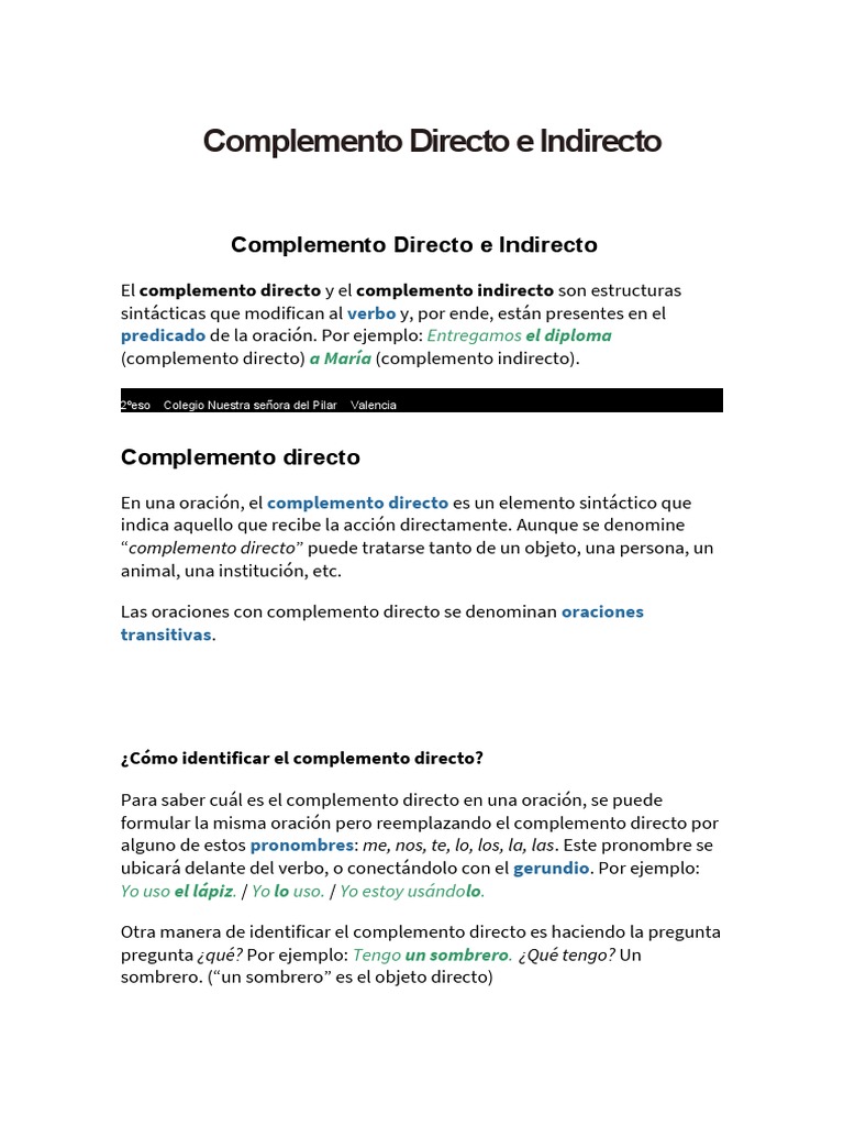 2º Ejercicios Objeto Directo e Indirecto | PDF | Objeto (gramática) | Oración (Lingüística)