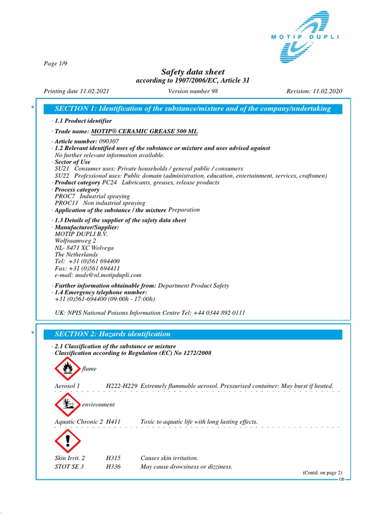 SDS 090307 - Motip Ceramic Grease 500 ML Gb-En | PDF | Dangerous Goods ...
