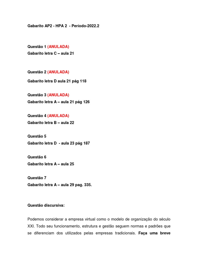 Gabarito Prova HPA2 - AP2 | PDF