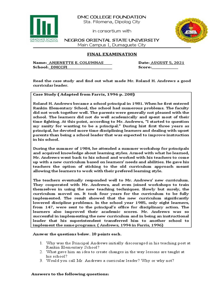 Maem Final Exam - Columnas, Anjenette E. | PDF | Curriculum | Teaching Method