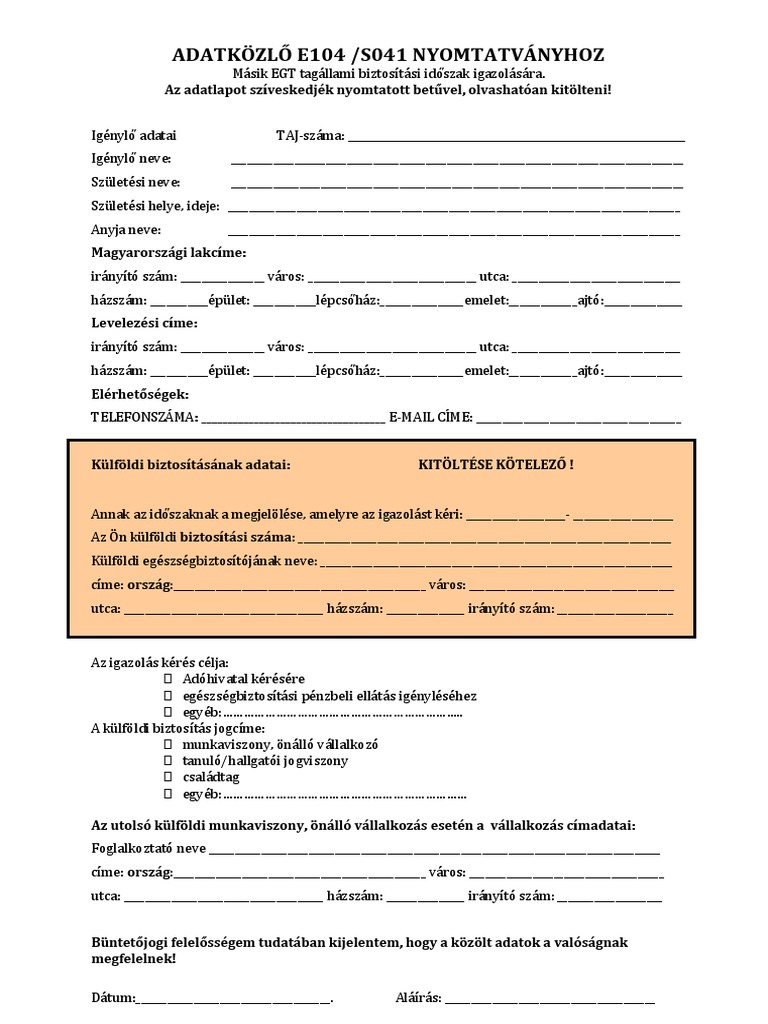 Adatközlő E104 /S041 Nyomtatványhoz | PDF