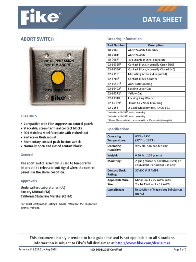 Key Features and Specifications of the Fike Abort Switch Assembly | PDF ...