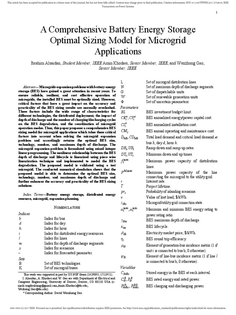 A Comprehensive Battery Energy Storage Optimal Sizing Model For Microgrid Applications Pdf 