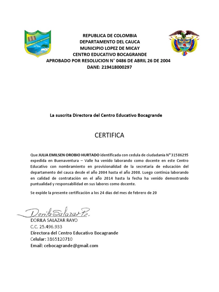 Certificacion Laboral PROFE JULIA EMILSEN OROBIO HURTADO | PDF