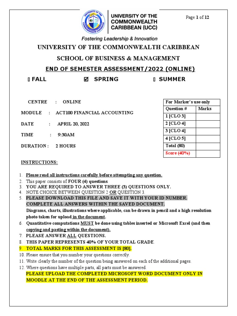 Financial Accounting Act100 - Eosa Spring 2022 - Online | PDF | Expense | Depreciation