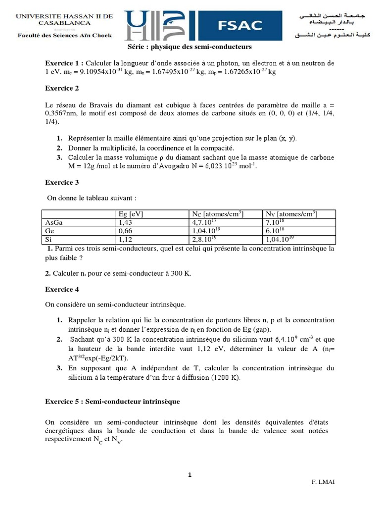Exercices sur les semi-conducteurs | PDF | Semi-conducteurs | Dopage (semi-conducteur)