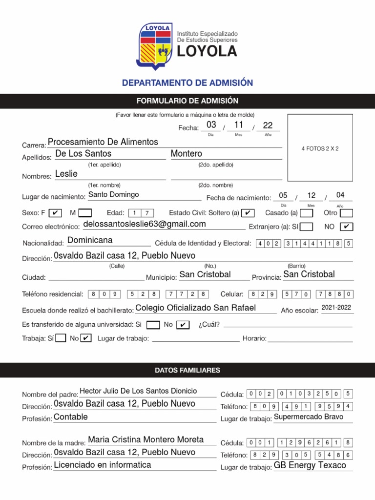 Formulario de Admisión (Vacio) | PDF
