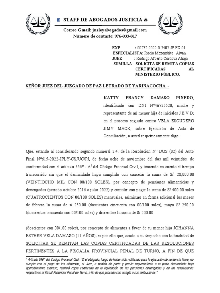 Solicita Se Remita Copias Certificadas Al Ministerio Público Pdf