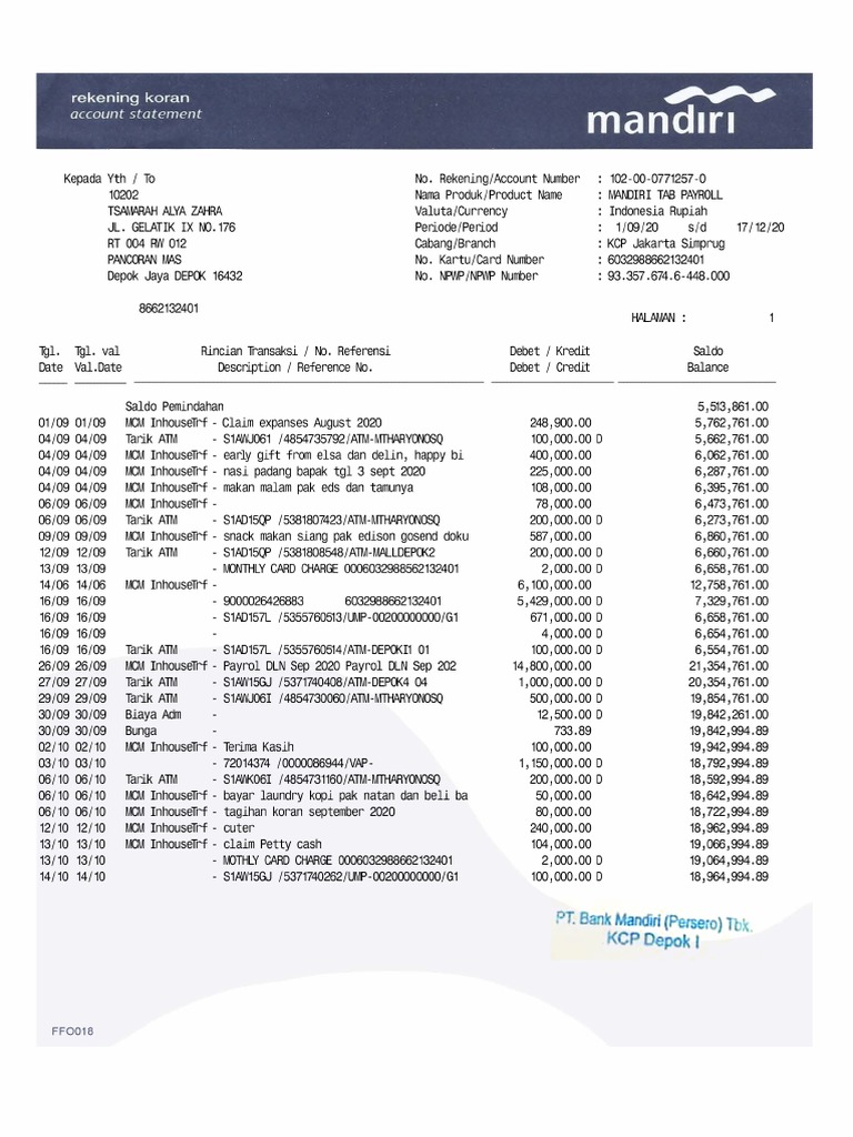 Account Statement Mandiri 1020007712570 | PDF