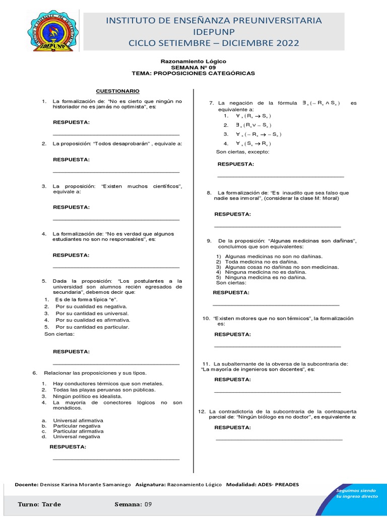 9) Razonamiento Lógico Semana 09 Alumno | PDF | Proposición | Lógica