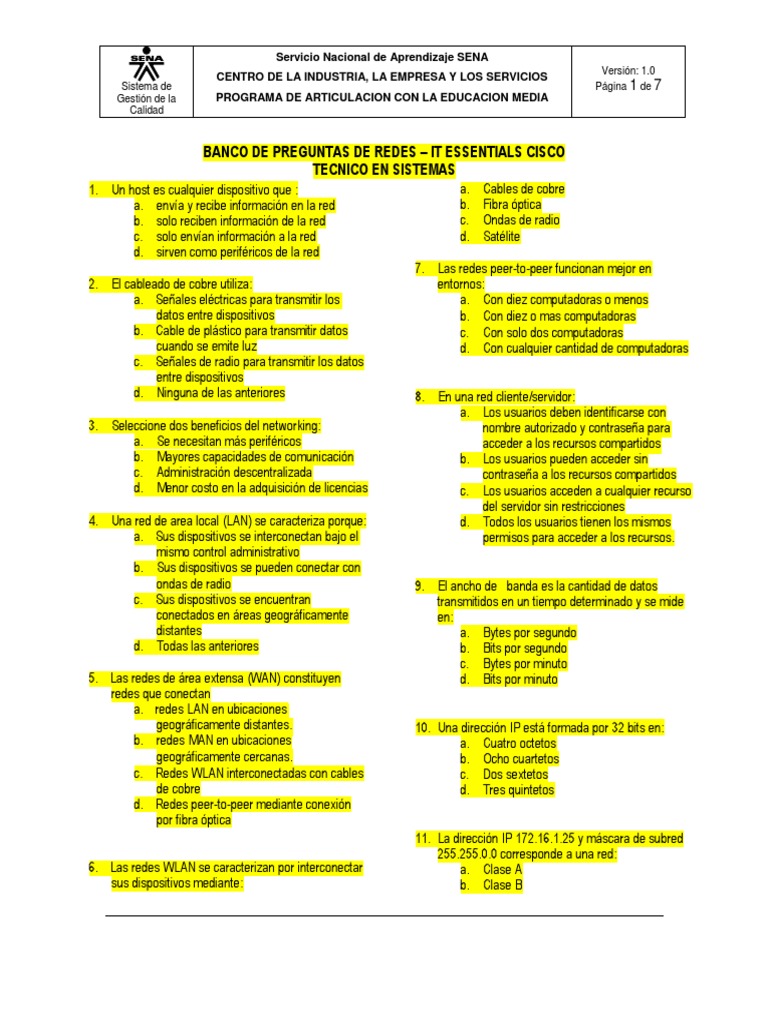 Cuestionario de Redes - Sistemas - Resuelto en Word | PDF | Red de computadoras | Dirección IP