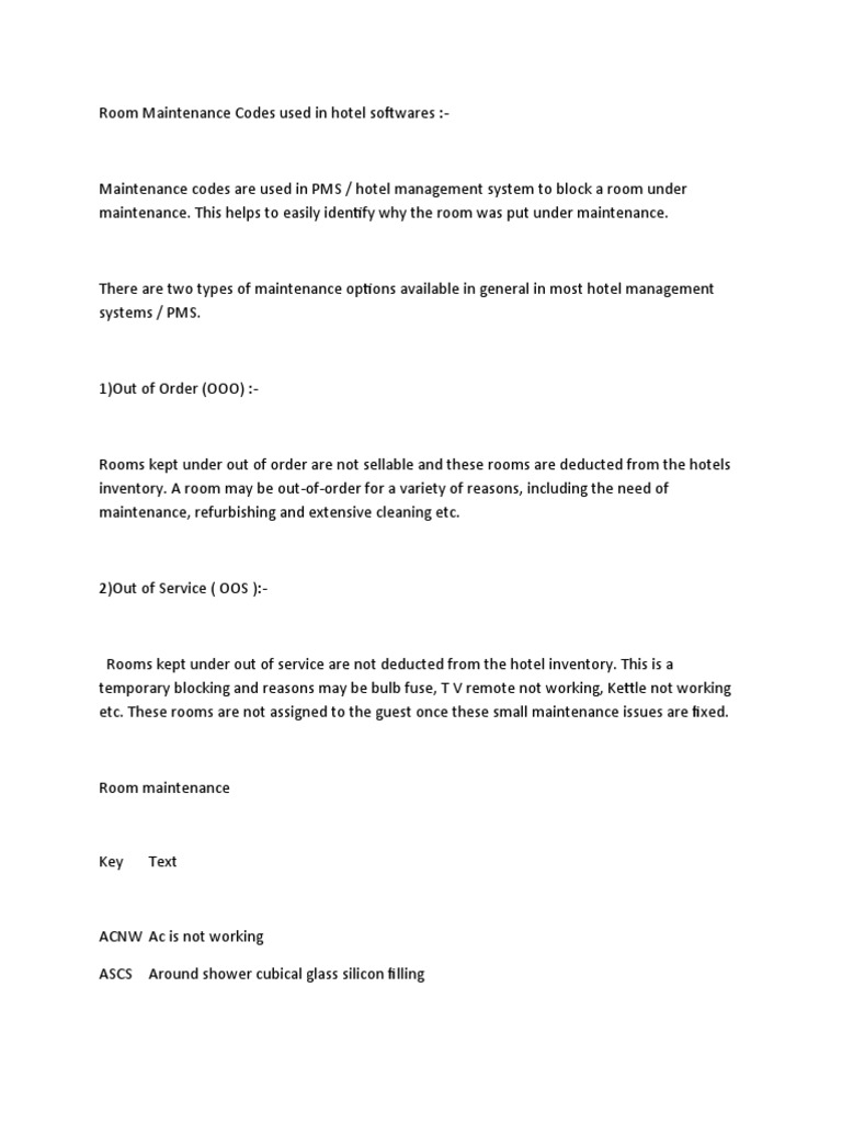 Hotel Room Maintenance Status Codes | PDF | Home | Architectural Design
