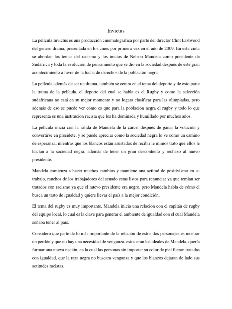 Resumen Pelicula Invictus | PDF