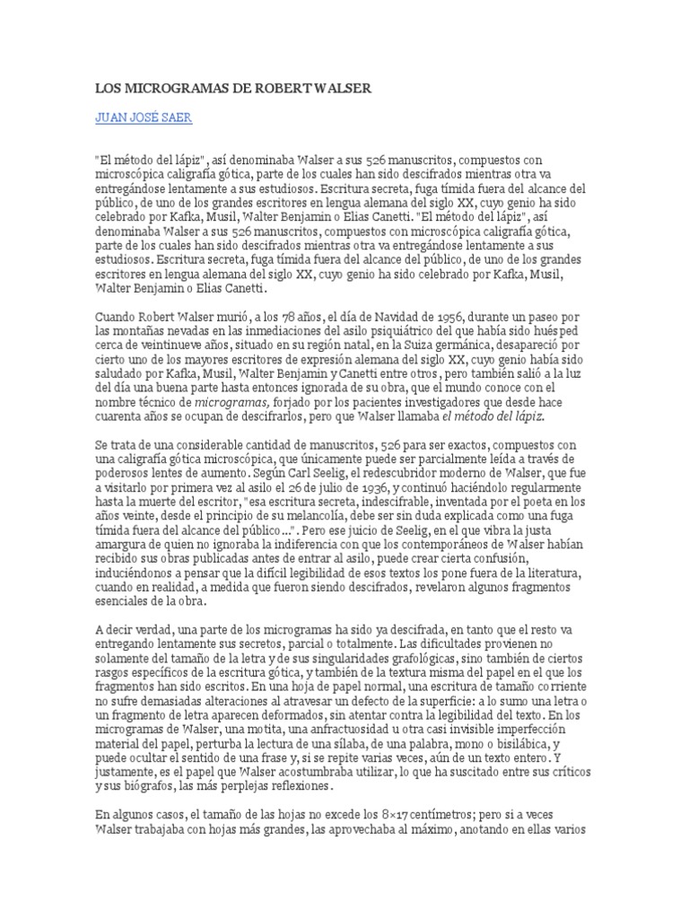 Microgramas de Robert Walser: Un Legado Secreto | PDF