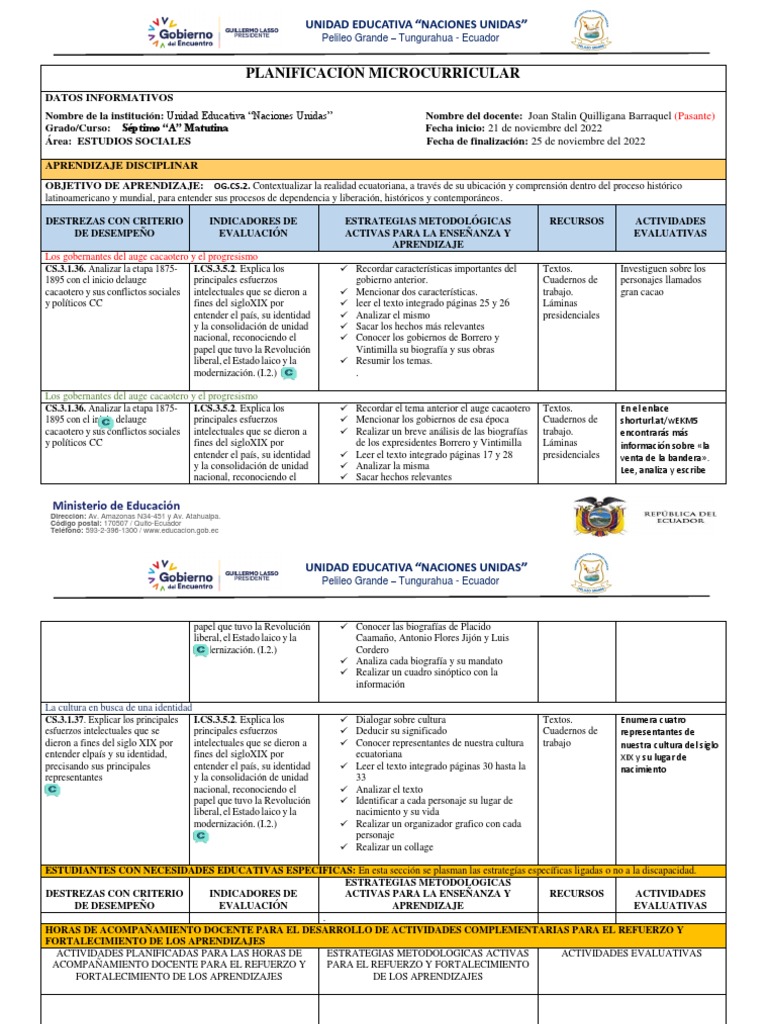 Planificación de Estudios Sociales | PDF | Ecuador | Maestros