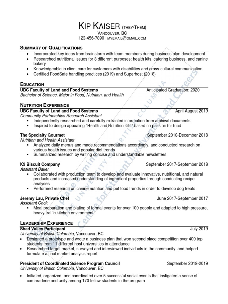 Resume Sample BSC Food Nutrition Health | PDF