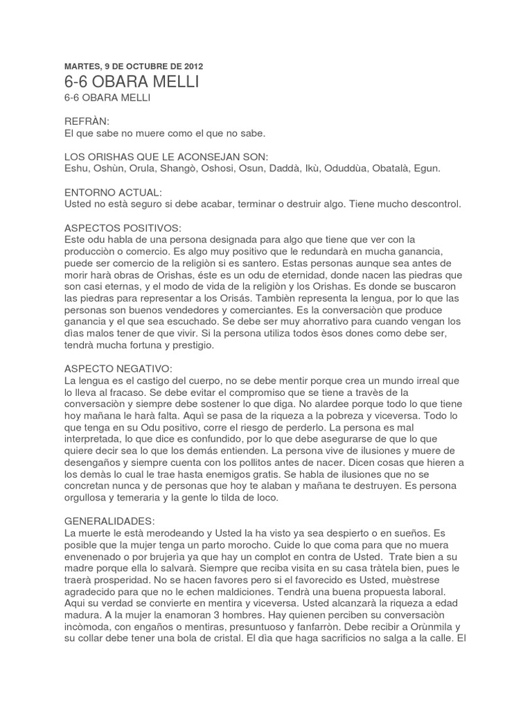 Significado de Obara Meyi 6-6 en Dilogun | PDF