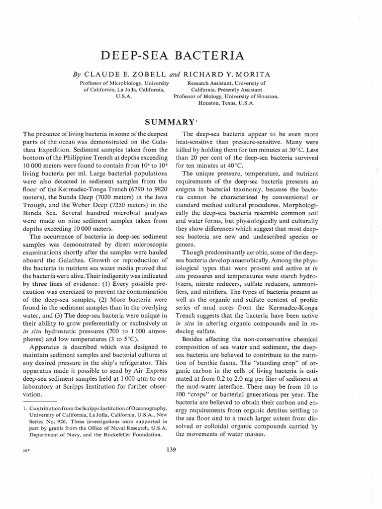 Deep-Sea Bacteria Author Claude E ZoBell, Richard Y Morita | PDF ...