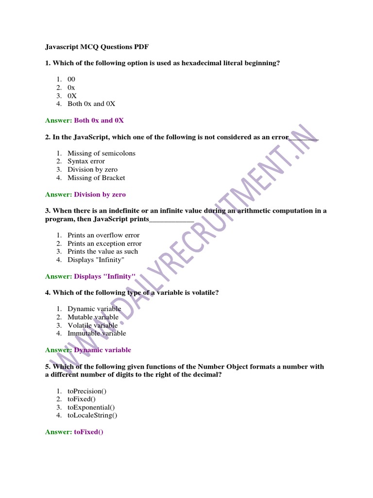 Javascript MCQ Questions PDF | PDF | Java Script | Subroutine