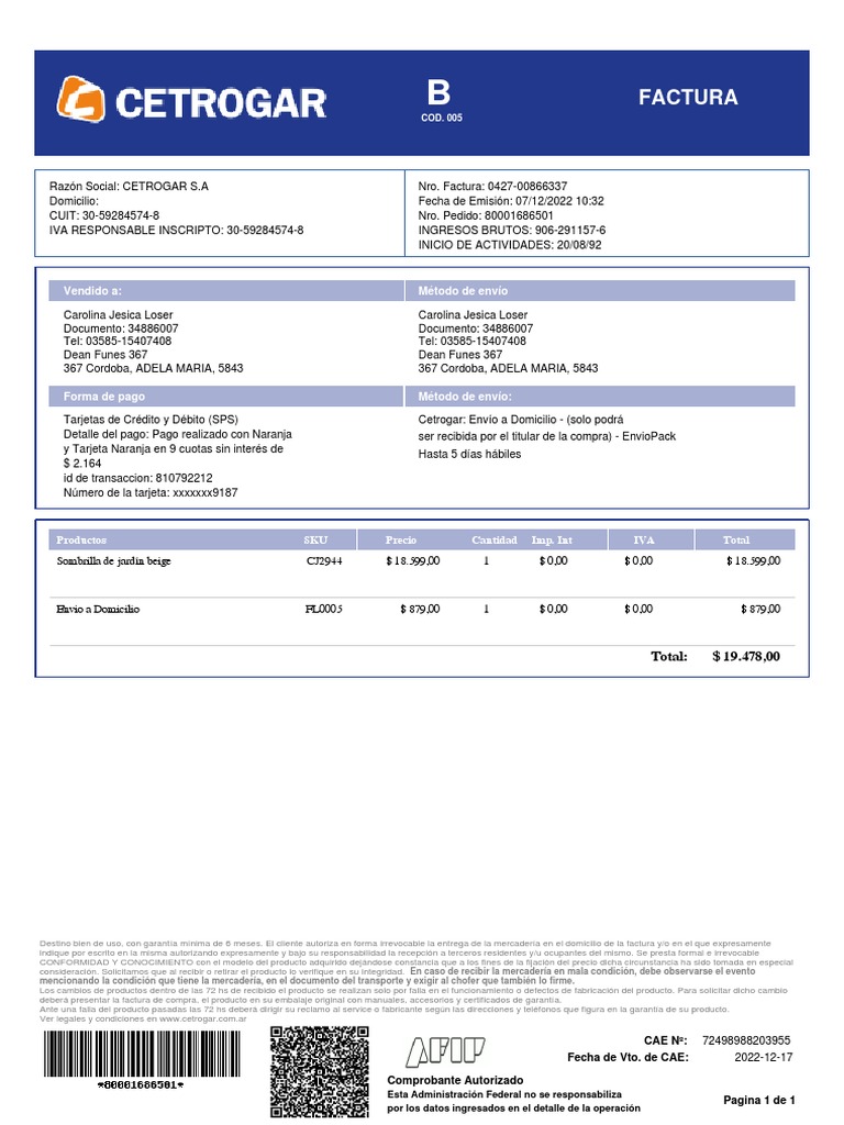 Cetrogar FacturaPedido 80001686501 | PDF | Factura