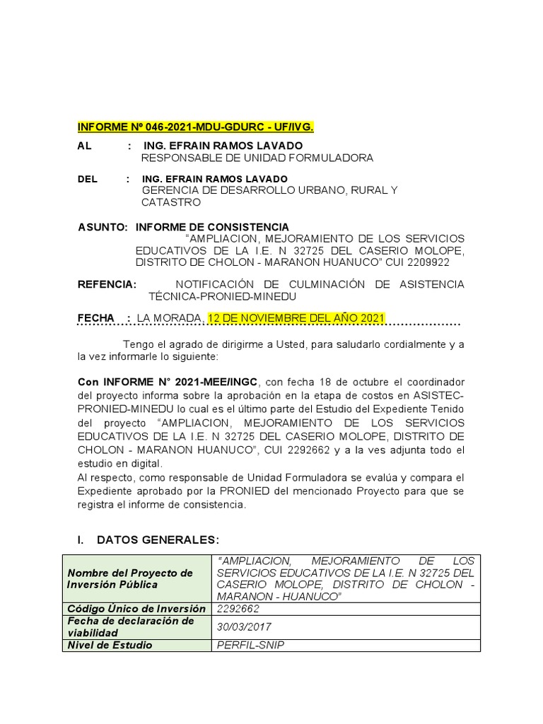 Informe de Consistencia Del Pip I.E Molope | PDF | Infraestructura | Economias