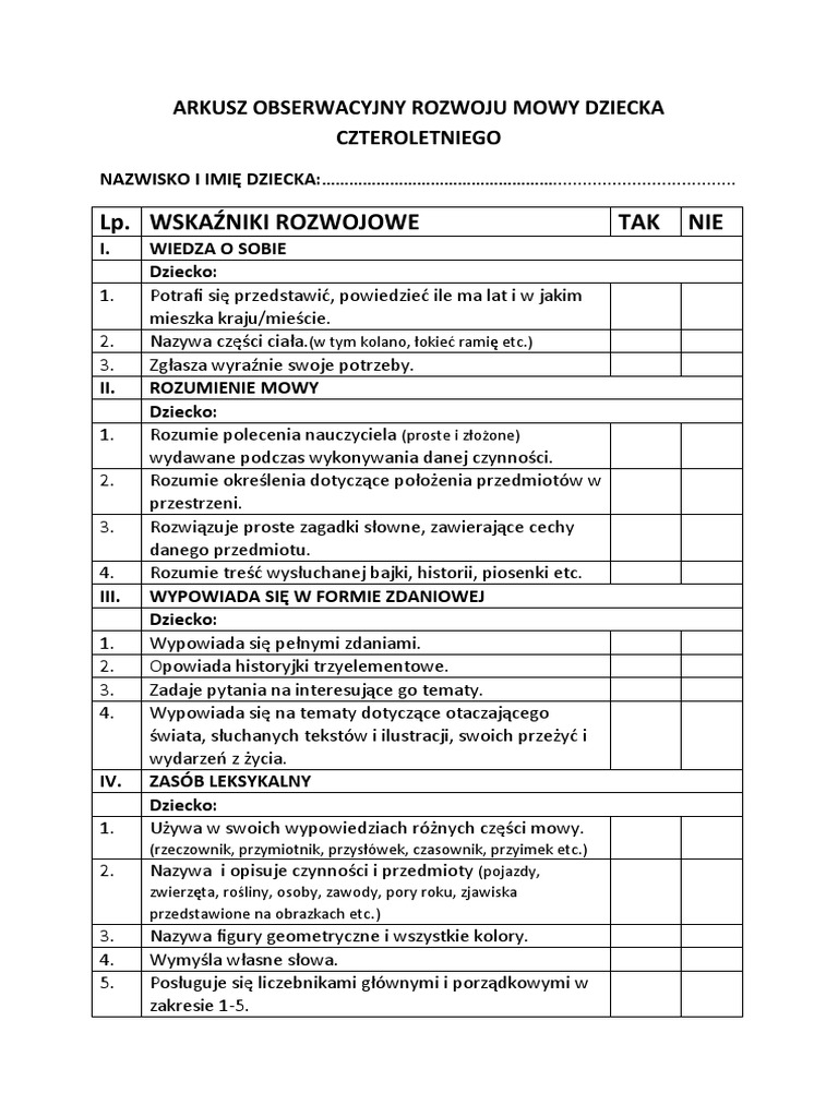Arkusz Obserwacyjny Rozwoju Mowy Dziecka Czteroletniego | PDF