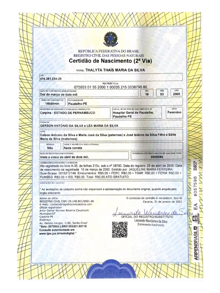 Certidão de Nascimento (2 Via) | PDF