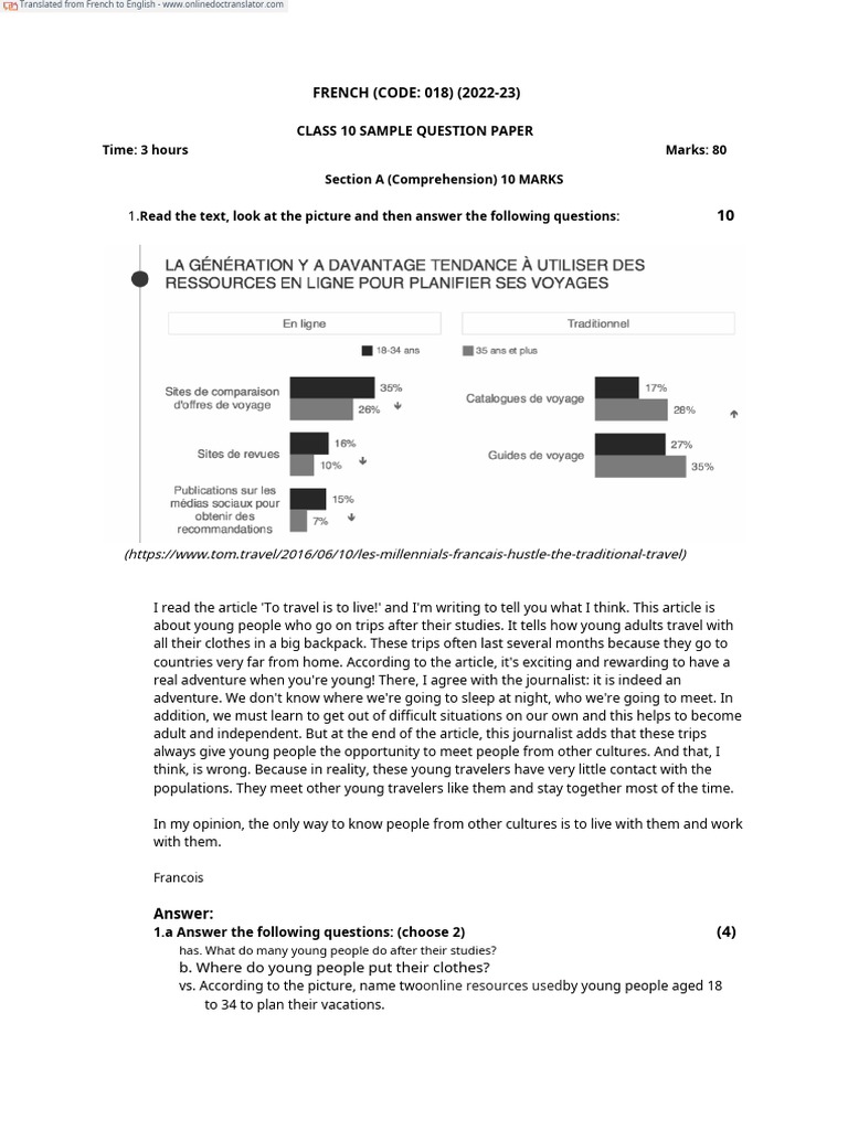 FRENCH (CODE: 018) (2022-23) : Class 10 Sample Question Paper | PDF