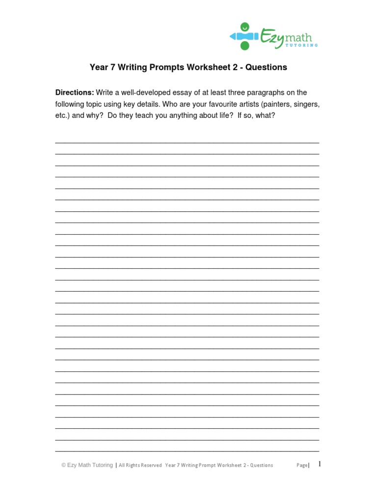 Year 7 Writing Prompts Worksheet 2 Questions | PDF
